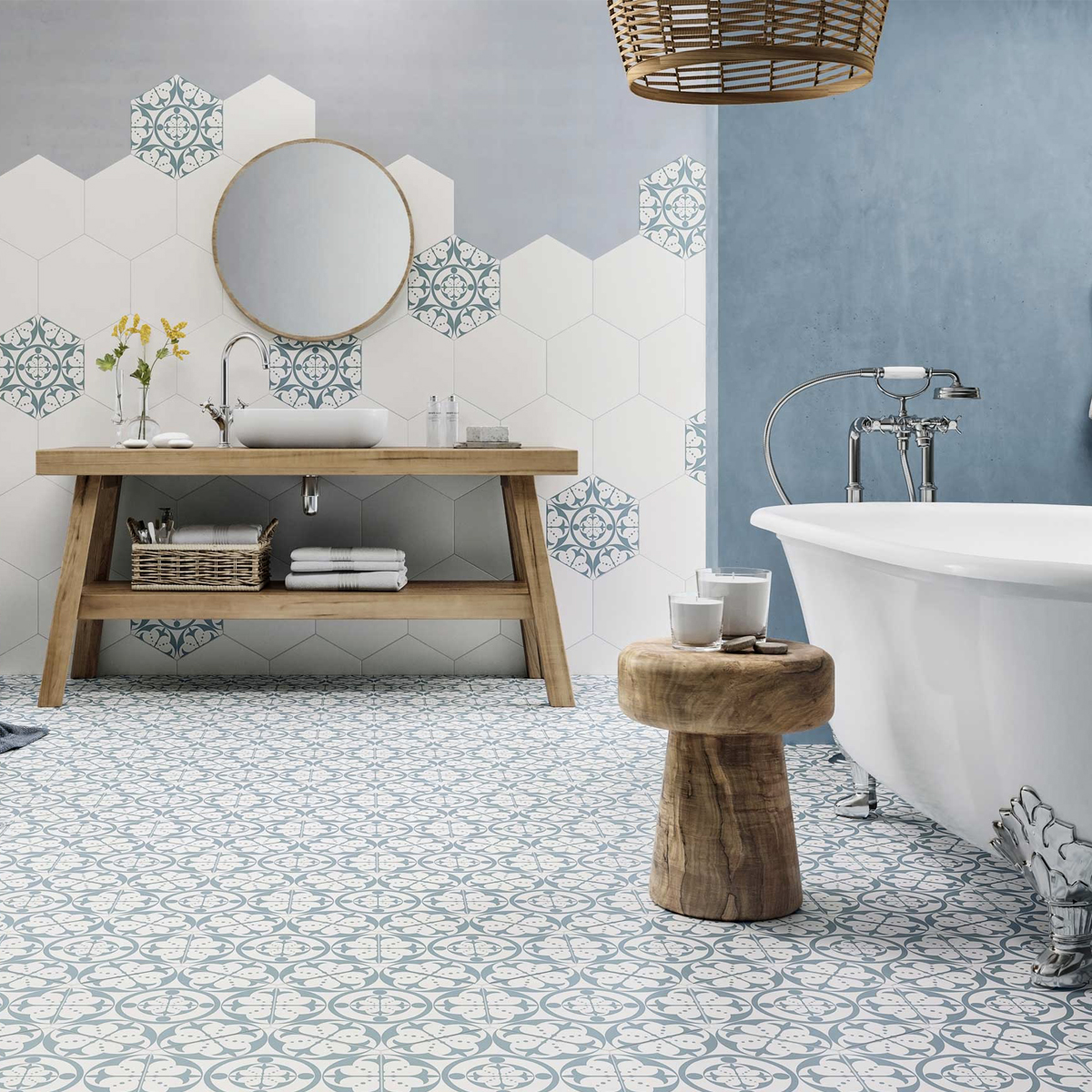 Carrelage sol hexagonal Beaumarchais turquoise 28.5x33 cm - Réflex Boutique