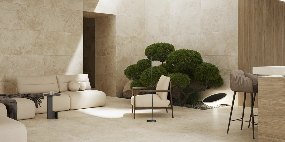 Carrelage sol effet Travertin Nerola beige 60x120 cm - Réflex Boutique