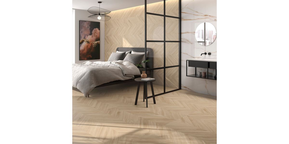 Carrelage sol imitation parquet Chevron sable 60x120 cm- Réflex Boutique