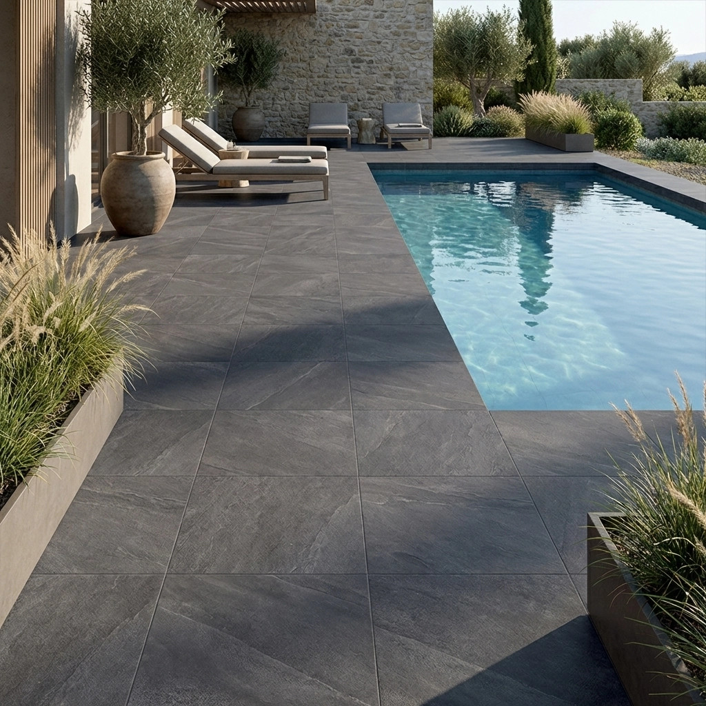 Carrelage sol extérieur effet pierre Volcania fumée R11 60x60cm ...